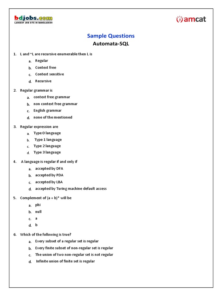 Sample Questions: Automata-SQL | PDF