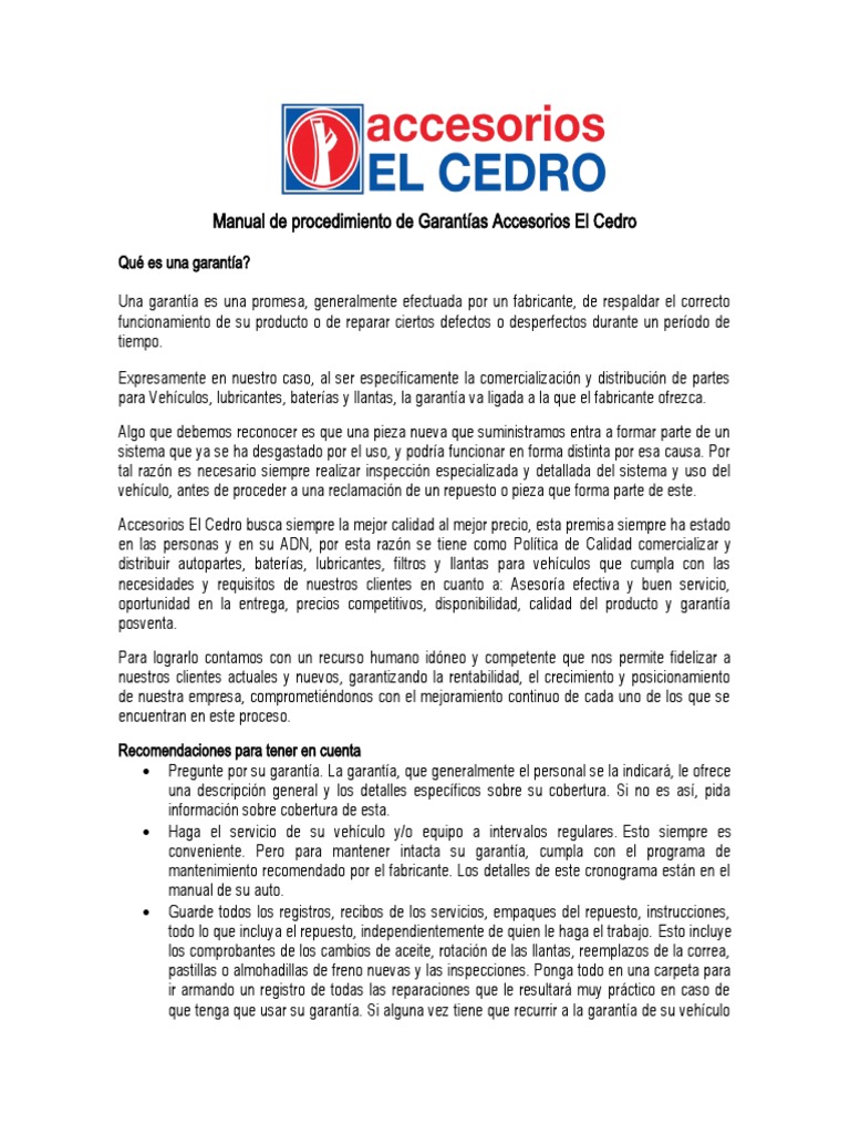 Manual de Procedimiento de Garantías Accesorios El Cedro | PDF | Lubricante | Calidad (comercial)