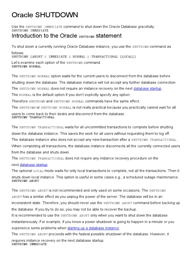 Oracle SHUTDOWN: Introduction To The Oracle Statement | PDF | Database ... Oracle SHUTDOWN: Introduction To The Oracle Statement | PDF | Database ...