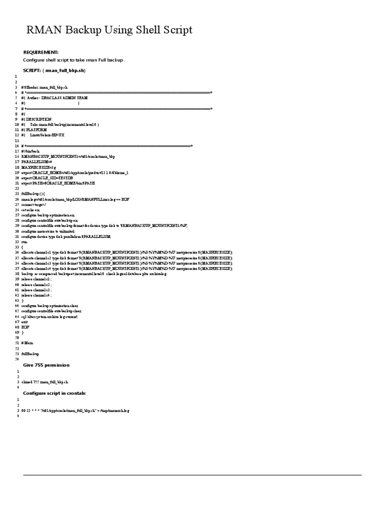 RMAN Backup Using Shell Script | PDF | Backup | Data Management Software RMAN Backup Using Shell Script | PDF | Backup | Data Management Software