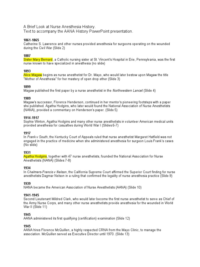 A Brief Look at Nurse Anesthesia History. Text To Accompany The Aana ...