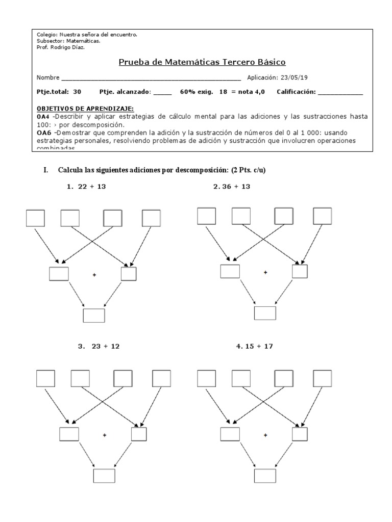 Prueba Matematicas Suma y Resta Sin Reserva | PDF | Sustracción ...