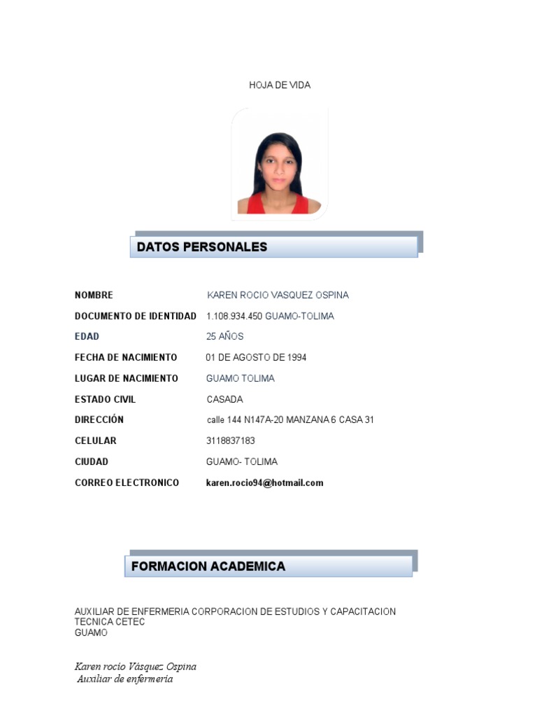 Karen Rocio Hoja de Vida Nueva | PDF | Edad adulta | Enfermería