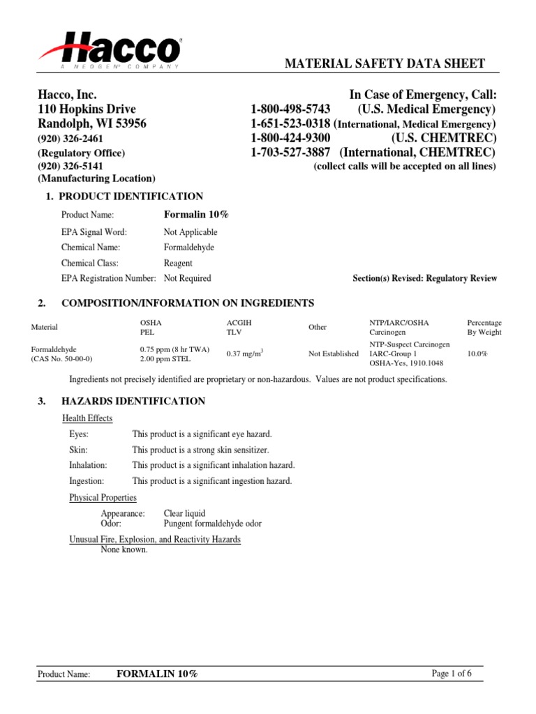 Formalin 10% MSDS Overview | PDF | Dangerous Goods | Formaldehyde