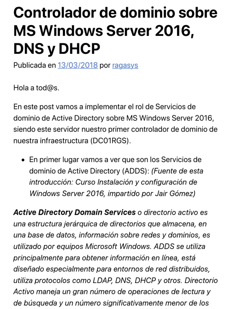 Controlador de Dominio Sobre MS Windows Server 2016, DNS y DHCP - Ragasys Sistemas PDF | PDF ...