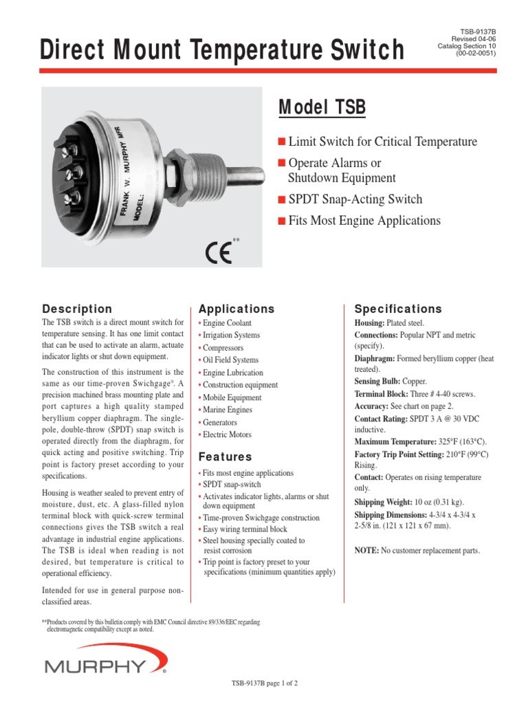 Direct Mount Temperature Switch: Model TSB | PDF | Switch | Coolant