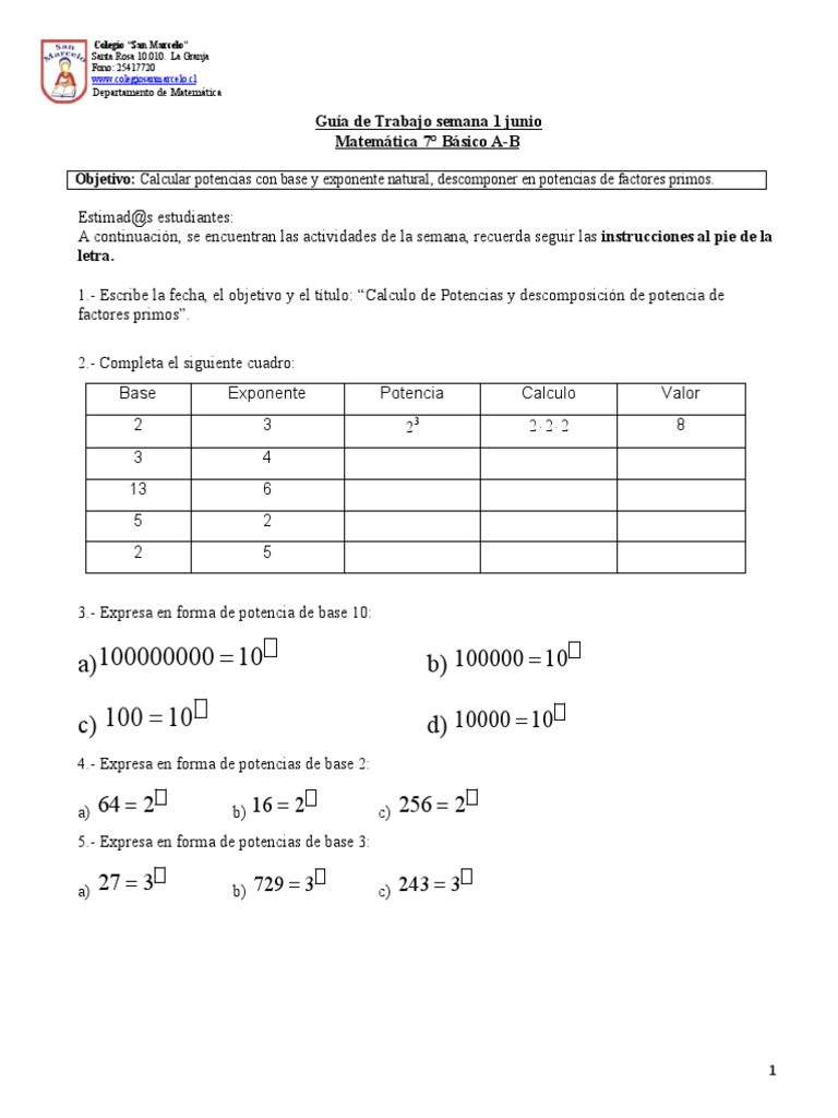 Guía Calculo de Potencia y Descomp en Potencia de Factores Primos 7 ...