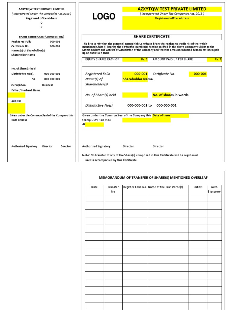 Private Limited Company Share Certificate | PDF | Companies ...