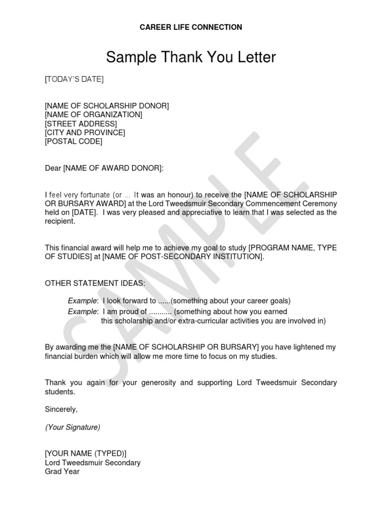 Thank You Letter for Scholarship Award | PDF | Academia | Students