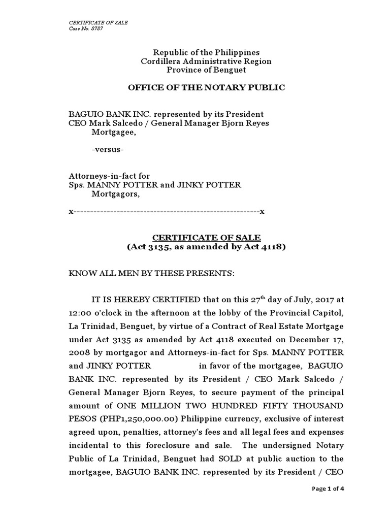 Office of The Notary Public: Certificate of Sale Case No. 8787 | PDF ...