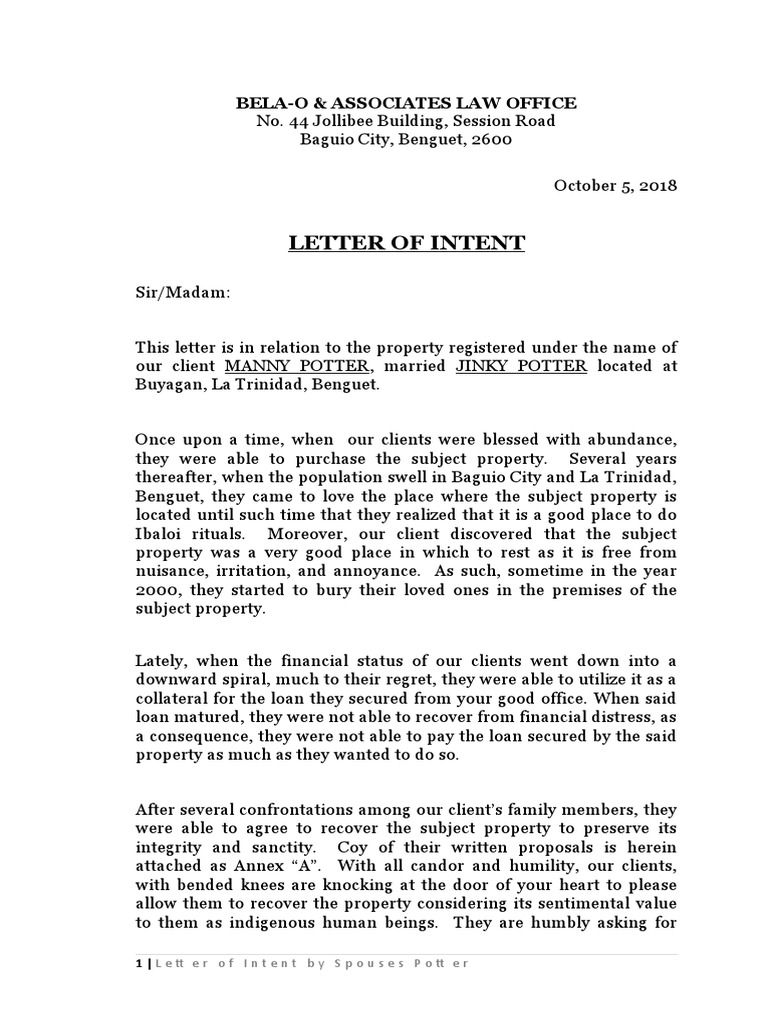 Letter of Intent: Bela-O & Associates Law Office | PDF | Business