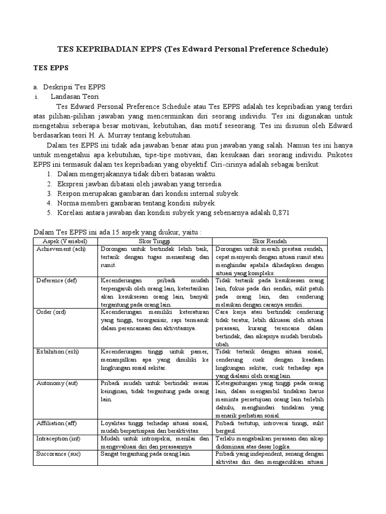 Tes Kepribadian Epps | PDF