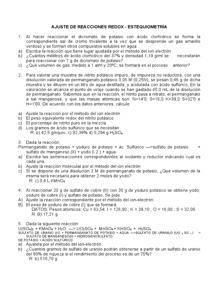 Problemas Redox - Estequiometria | PDF | Redox | Ácido sulfúrico