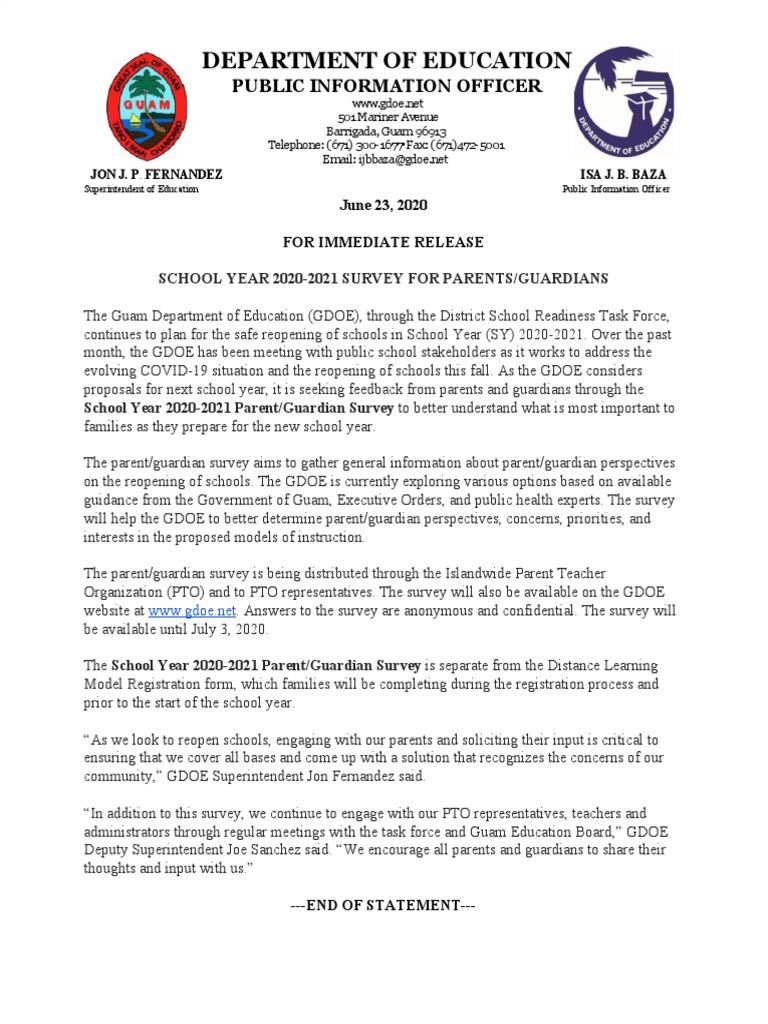 School Year 2020-2021 Survey For Parents Guardians | PDF | Behavior ...