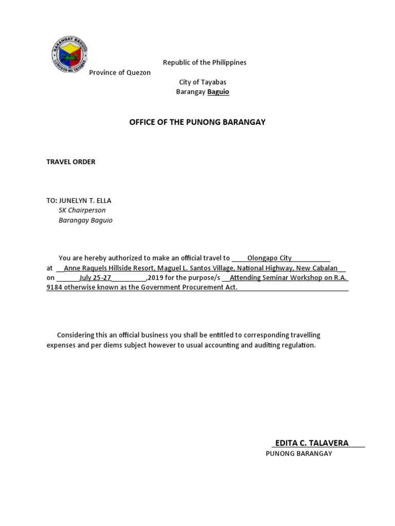 Travel Order Sample | PDF