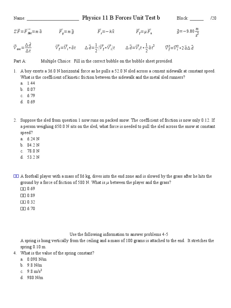 Forces Unit Test 11B B | PDF | Force | Friction