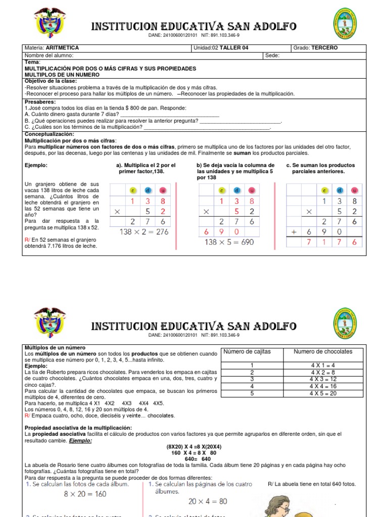 Grado 3 Matematicas Unidad 2 Taller 2 | PDF | Multiplicación ...