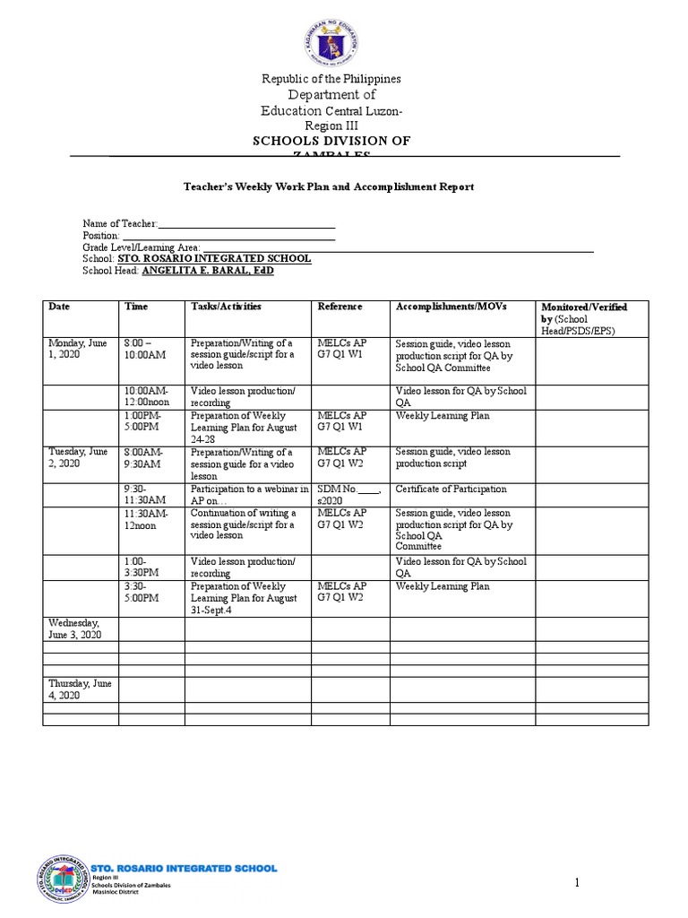 Teacher's Weekly Work Plan Report | PDF