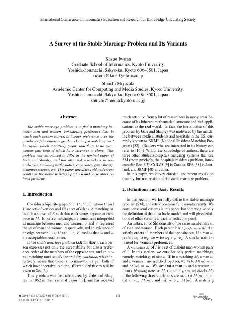 A Survey of The Stable Marriage Problem and Its Variants - 2 | PDF | Time Complexity ...