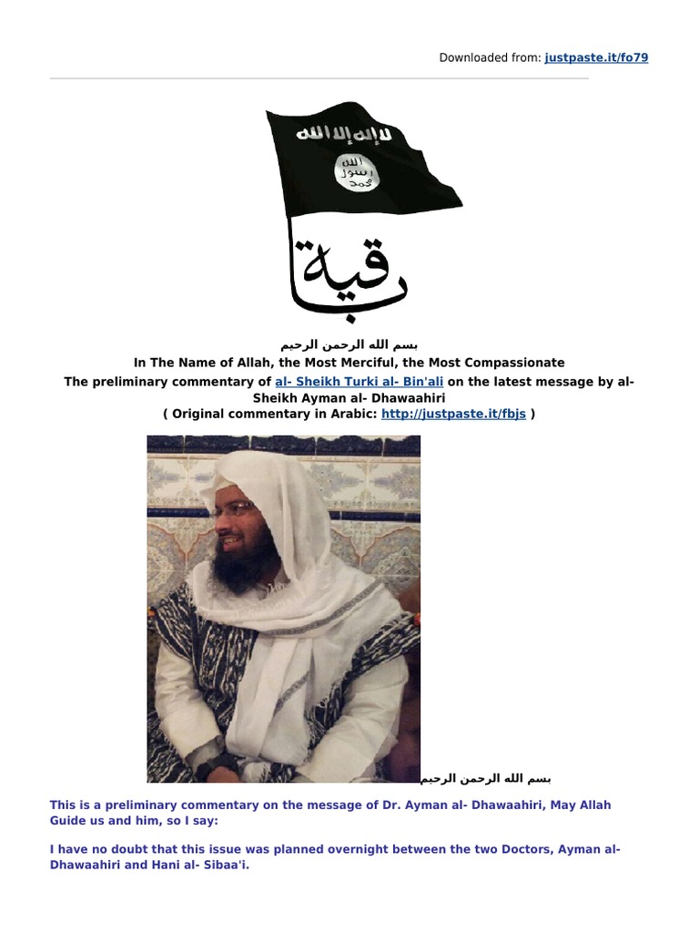 Sheikh Turki Al-Bin'ali On The Latest Message by Sheikh Ayman Al ...