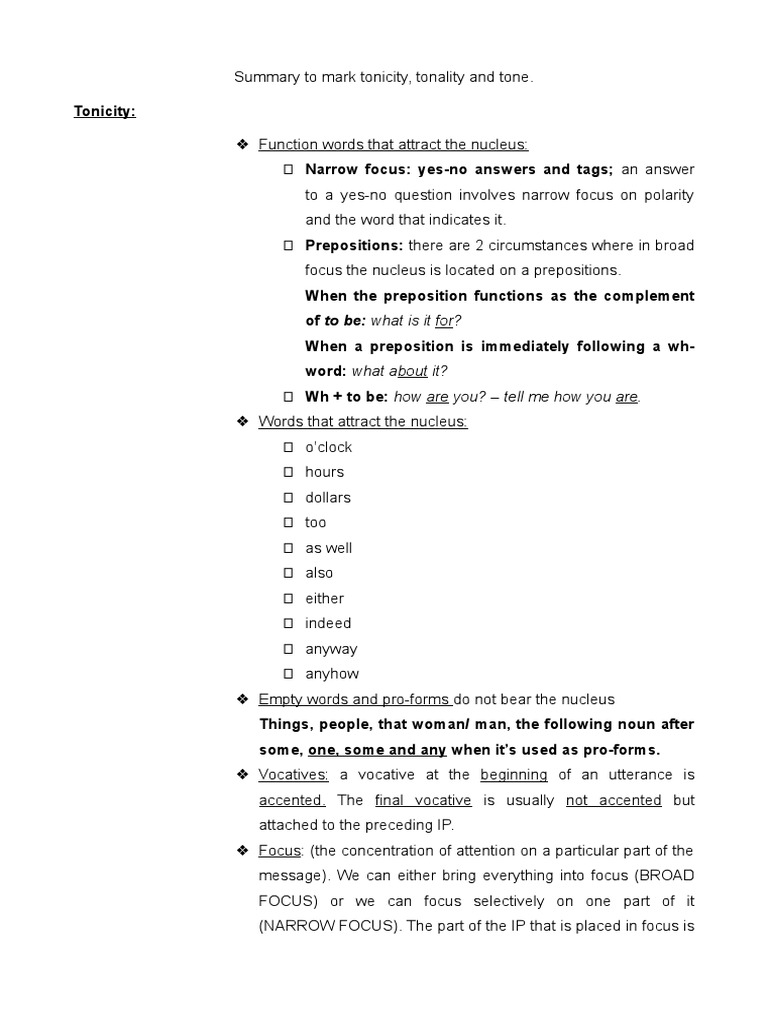 Summary To Mark Tonicity, Tonality and Tone | PDF | Verb | Question
