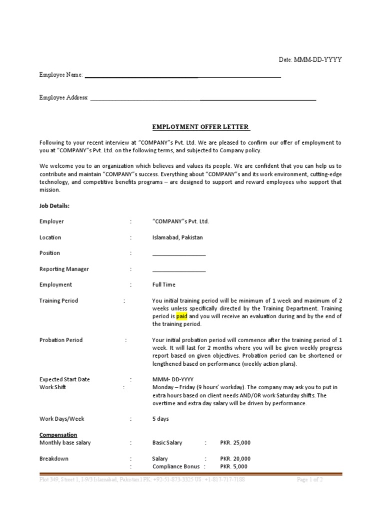 Employment Offer Letter Template | PDF | Working Time | Employment