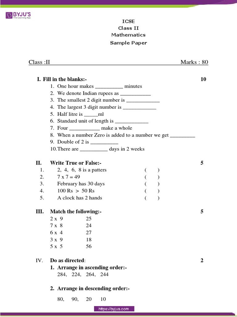 ICSE Class 2 Mathematics Sample Paper | PDF | Numbers | Teaching ...