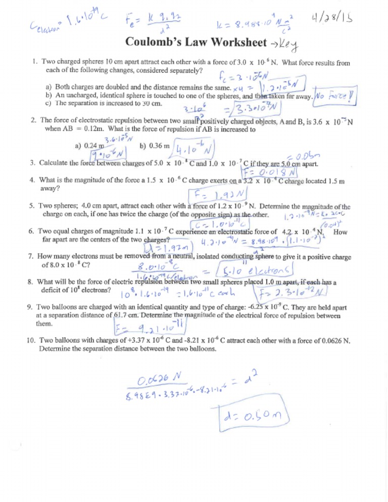 Coulombs Law Worksheet Key | PDF