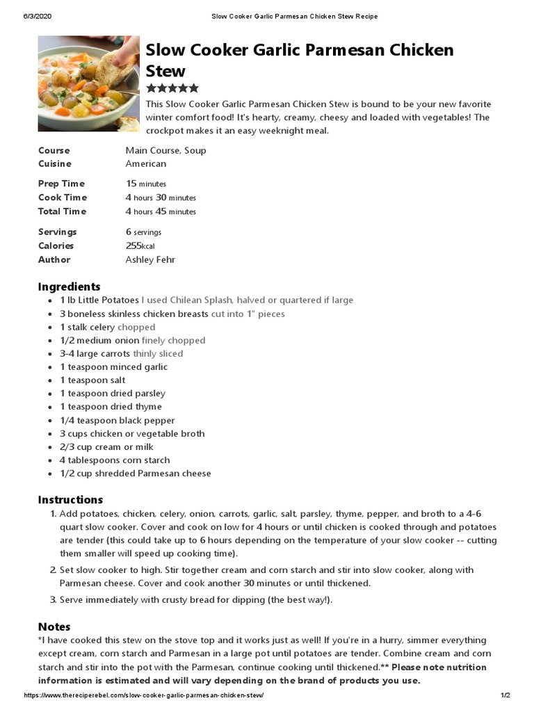 Slow Cooker Garlic Parmesan Chicken Stew Recipe | PDF | Slow Cooker | Stew