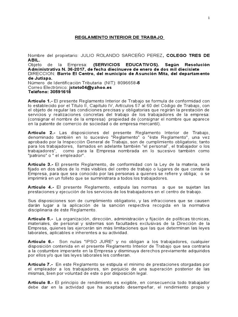 Modelo de Reglamentos Interiores de Trabajo | PDF | Salario | Derecho ...