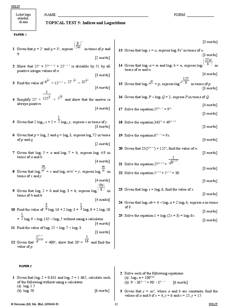 Add Maths F4 Topical Test 5 (E) | PDF | Logarithm | Elementary Mathematics
