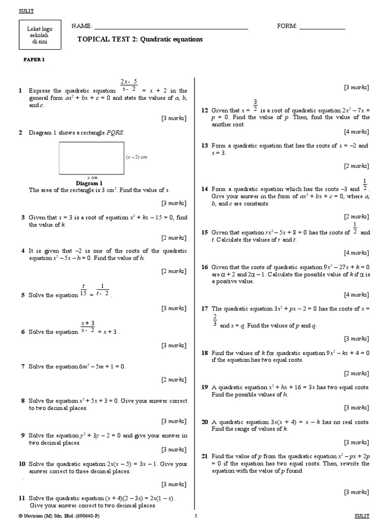 Add Maths F4 Topical Test 2 (E) | PDF | Quadratic Equation ...