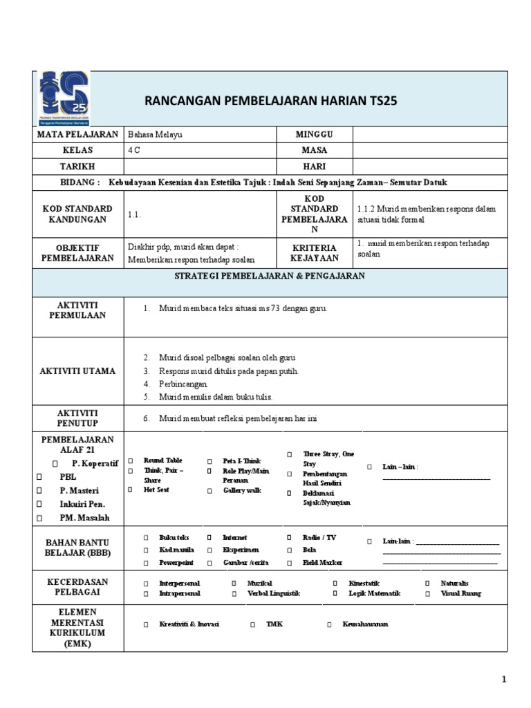 RPH BM Tahun 4 KSSR Semakan Unit 11 Indah Seni Sepanjang Zaman | PDF