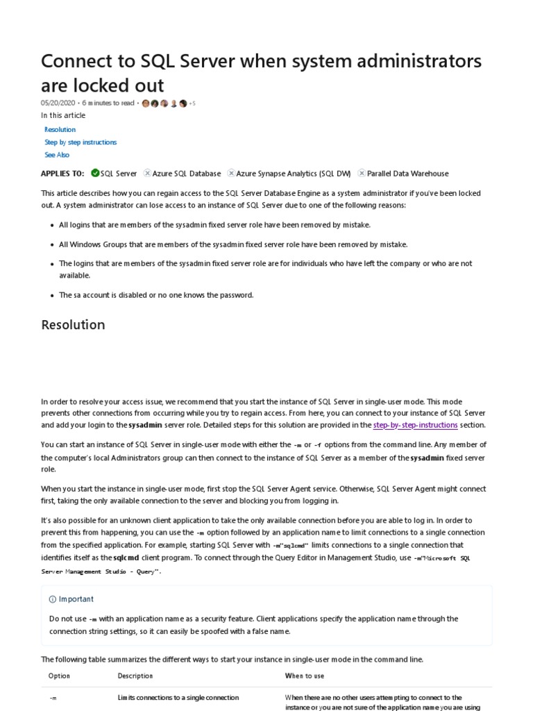 Connect To Sql Server When System Administrators Are Locked Out Sql Server Microsoft Docs
