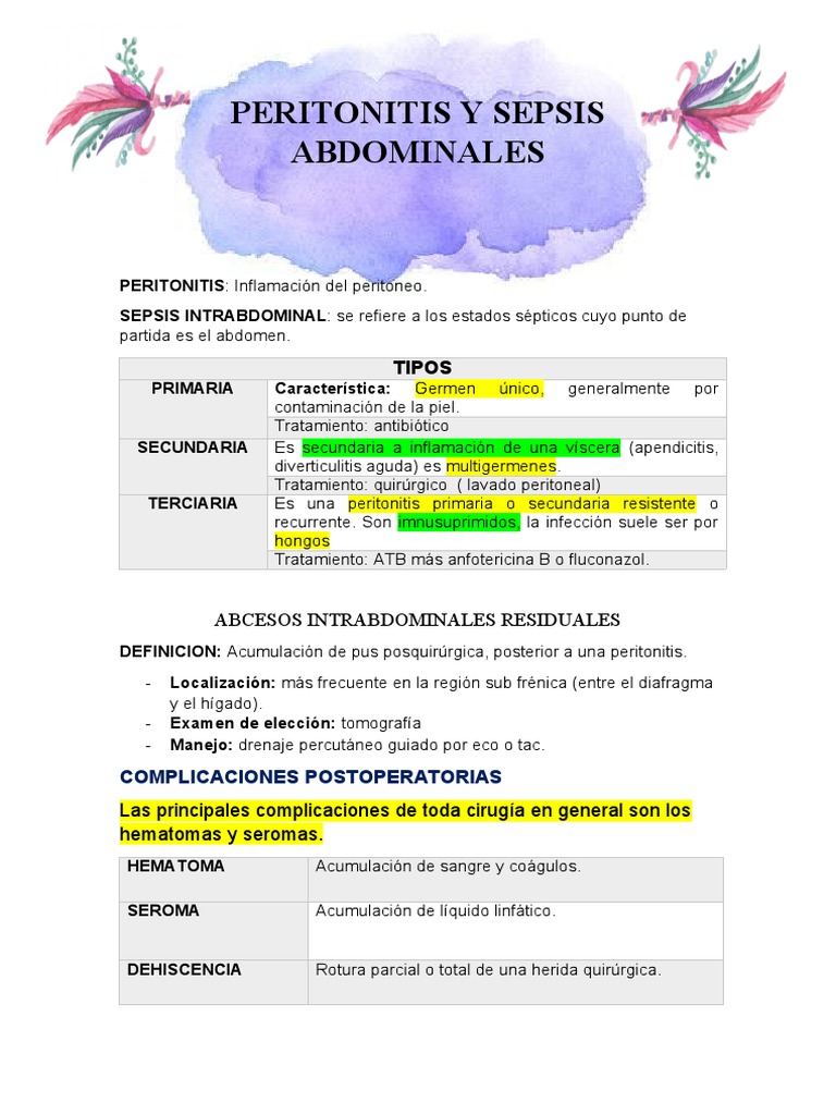 Peritonitis y Sepsis Abdominal: Tipos y Tratamientos | PDF