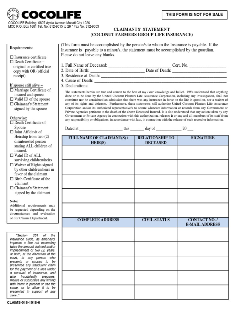 Claimants' Statement (Coconut Farmers Group Life Insurance) : This Form ...