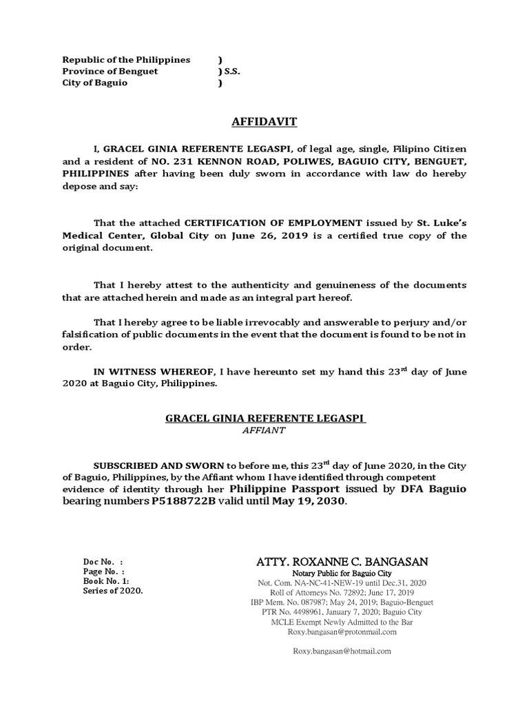Affidavit: Republic of The Philippines) Province of Benguet) S.S. City ...