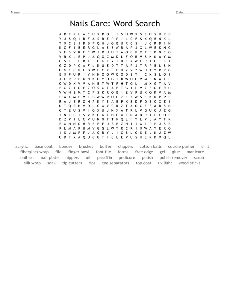 Nails Care Word Search: A Document Providing Clues to Common Tools and ...