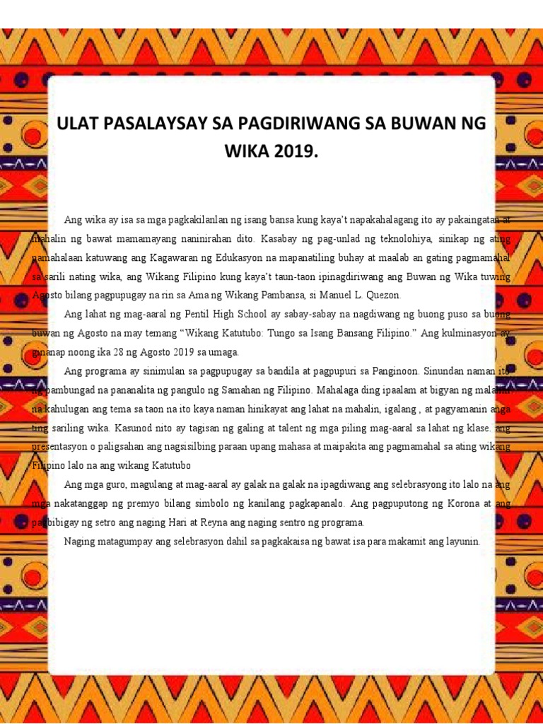 Ulat Pasalaysay Sa Pagdiriwang Sa Buwan NG Wika 2019 | PDF