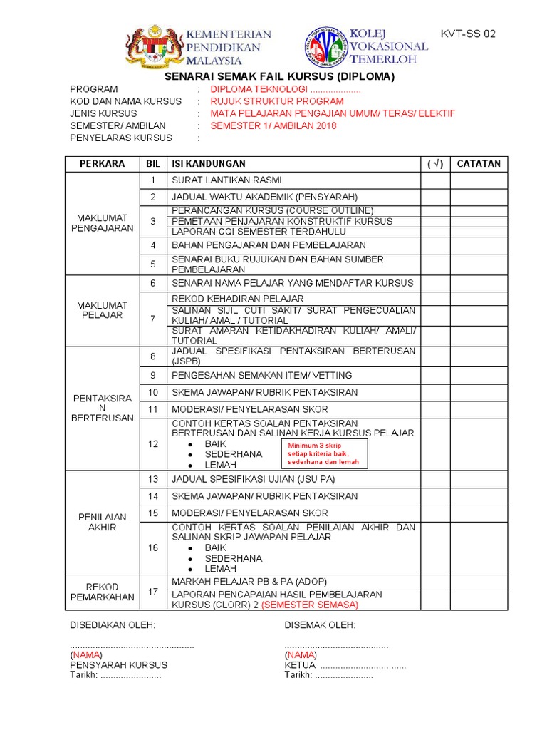Senarai Semak Fail Kursus (Diploma) 2020 | PDF