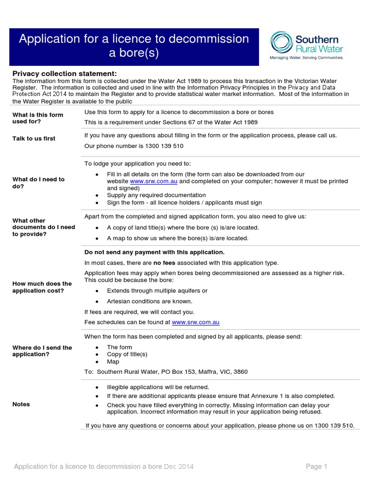 Application For A Licence To Decommission A Bore(s) : Privacy ...