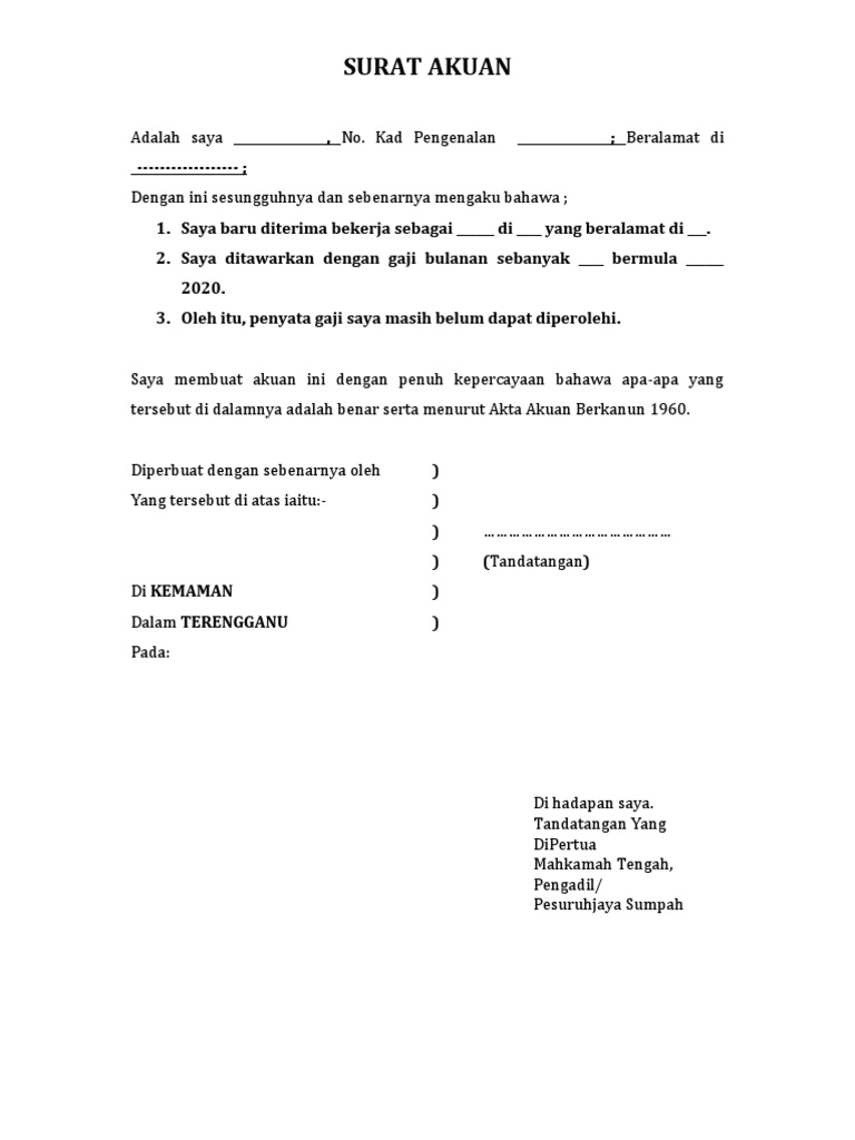 Surat Akuan Sumpah (Umum) - Kerja Sendiri - Pendapatan | PDF