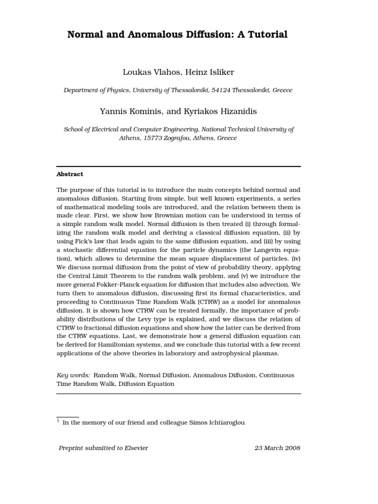 Normal and Anomalous Diffusion: A Tutorial: Loukas Vlahos, Heinz Isliker | Download Free PDF ...