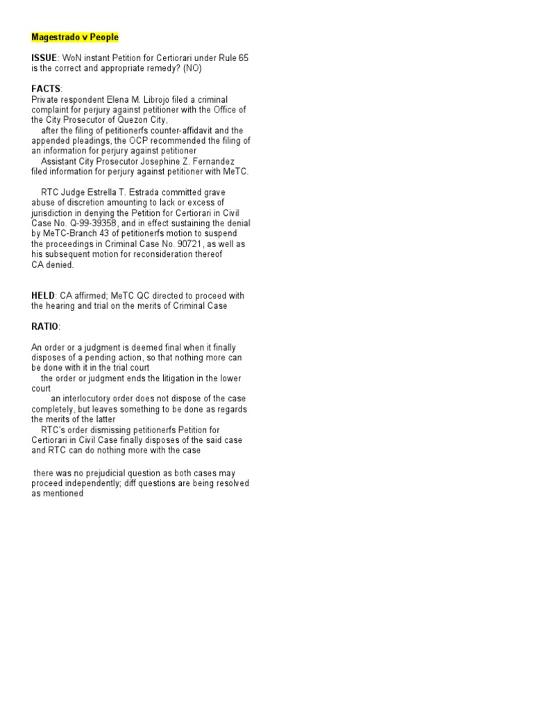 Magestrado V People Issue: Won Instant Petition For Certiorari Under ...