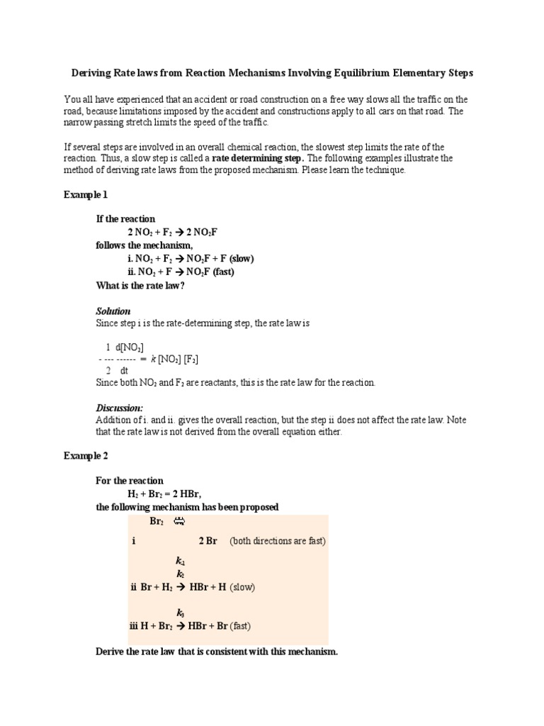 Deriving Rate Laws From Reaction Mechanisms Involving Equilibrium Elementary Steps With Answers ...