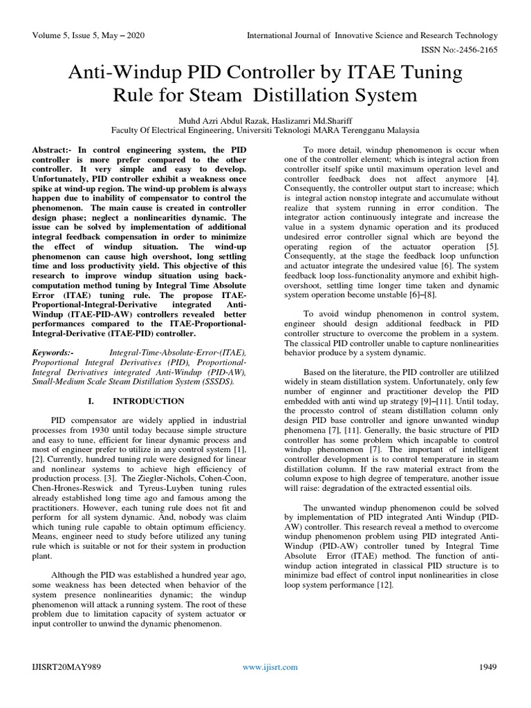Anti-Windup PID Controller by ITAE Tuning Rule For Steam Distillation System | PDF