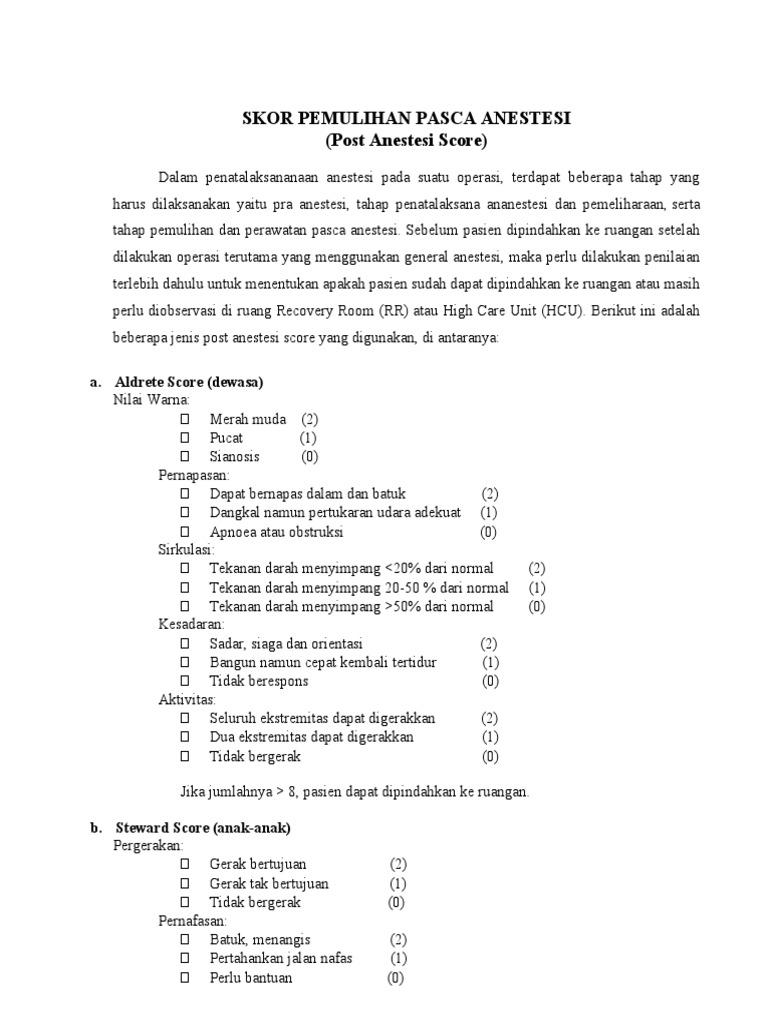 Pengukuran Aldrete Bromage Steward Score | PDF