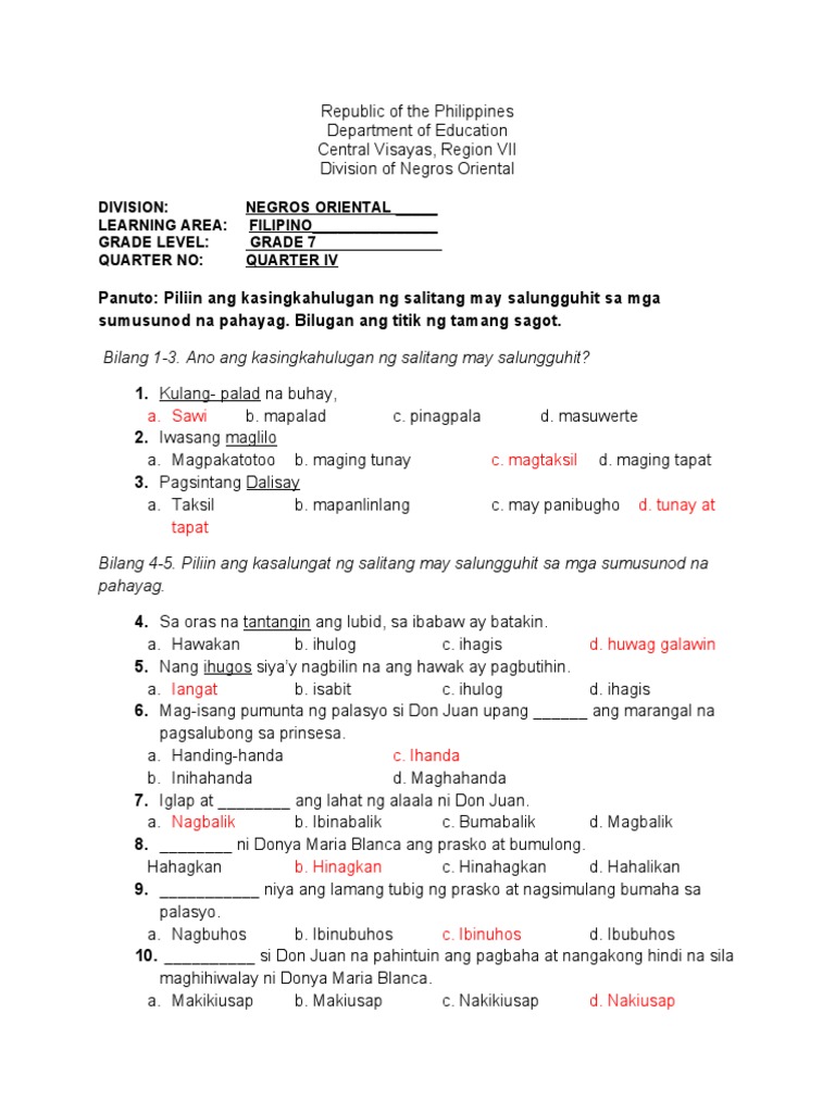 Diagnostic Test in Filipino 7 | PDF