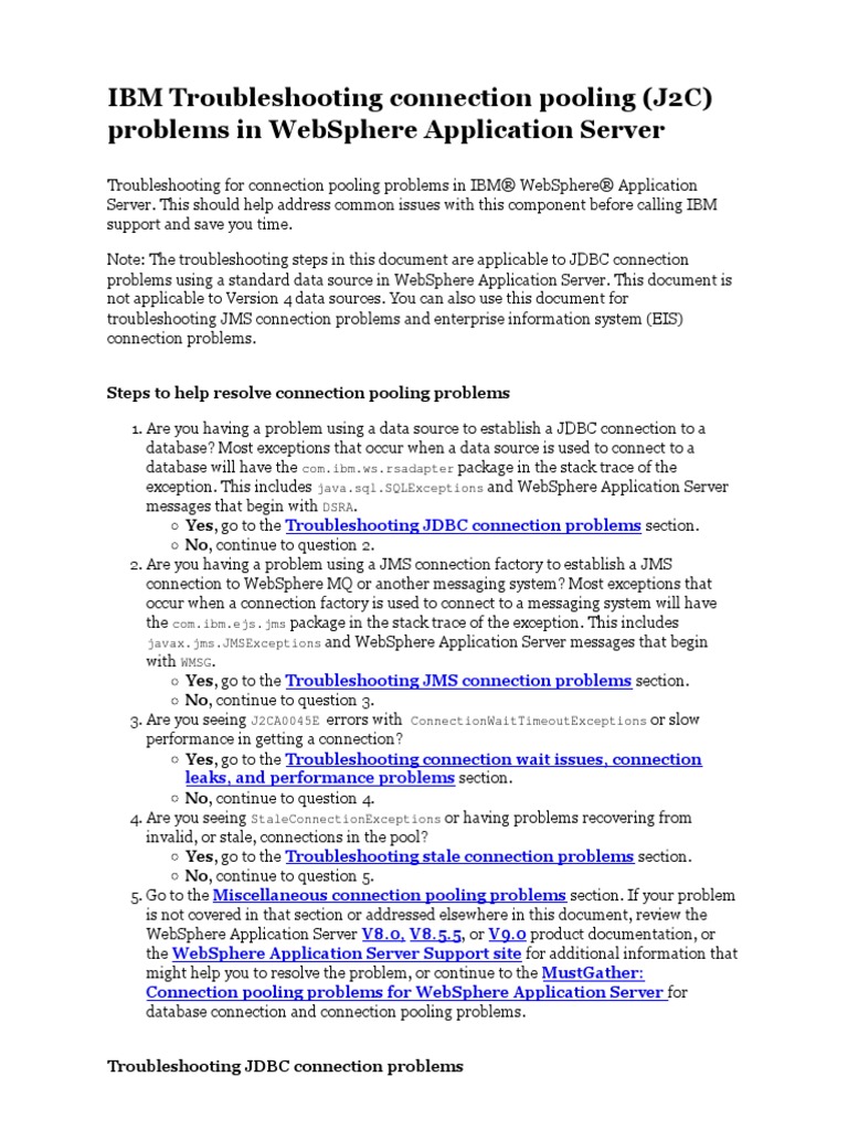 Ibm Troubleshooting Connection Pooling J2c Problems In Websphere Application Server Pdf