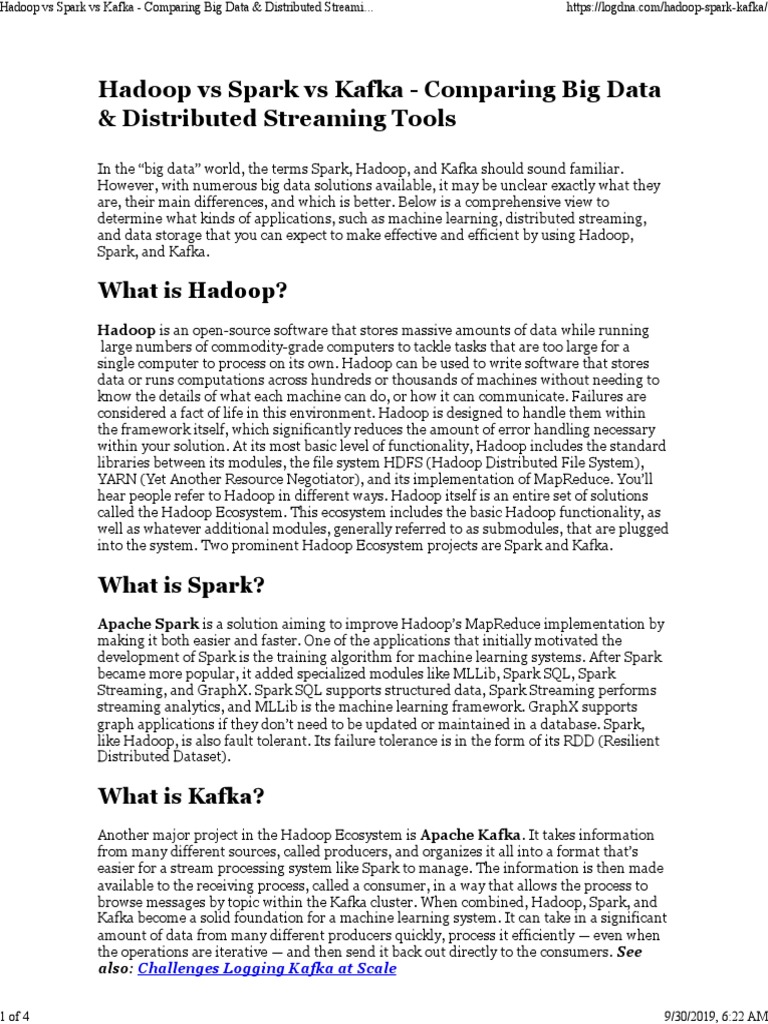 Hadoop Vs Spark Vs Kafka - Comparing Big Data & Distributed Streaming Tools | PDF | Apache Spark ...